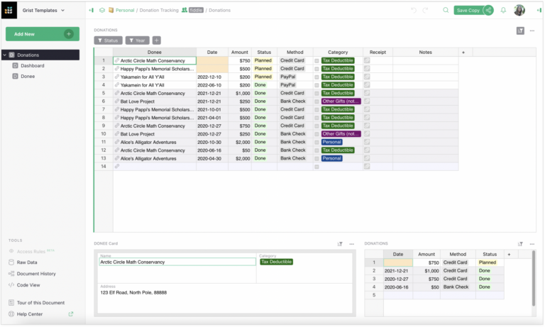 Donation Spreadsheet Template (Free) by Grist