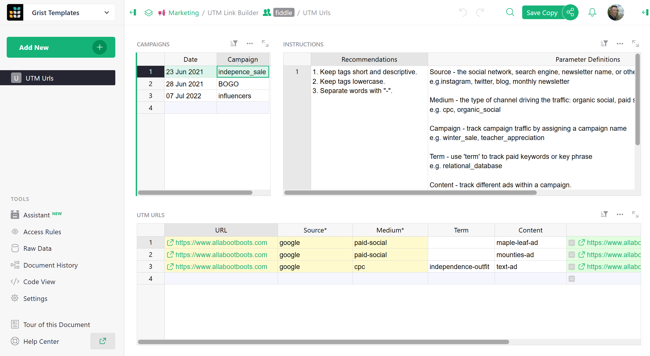 UTM Builder Spreadsheet Template (Free) by Grist