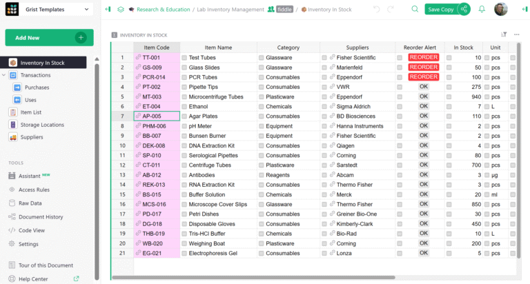 Lab Inventory Management Template Spreadsheet Template | Grist
